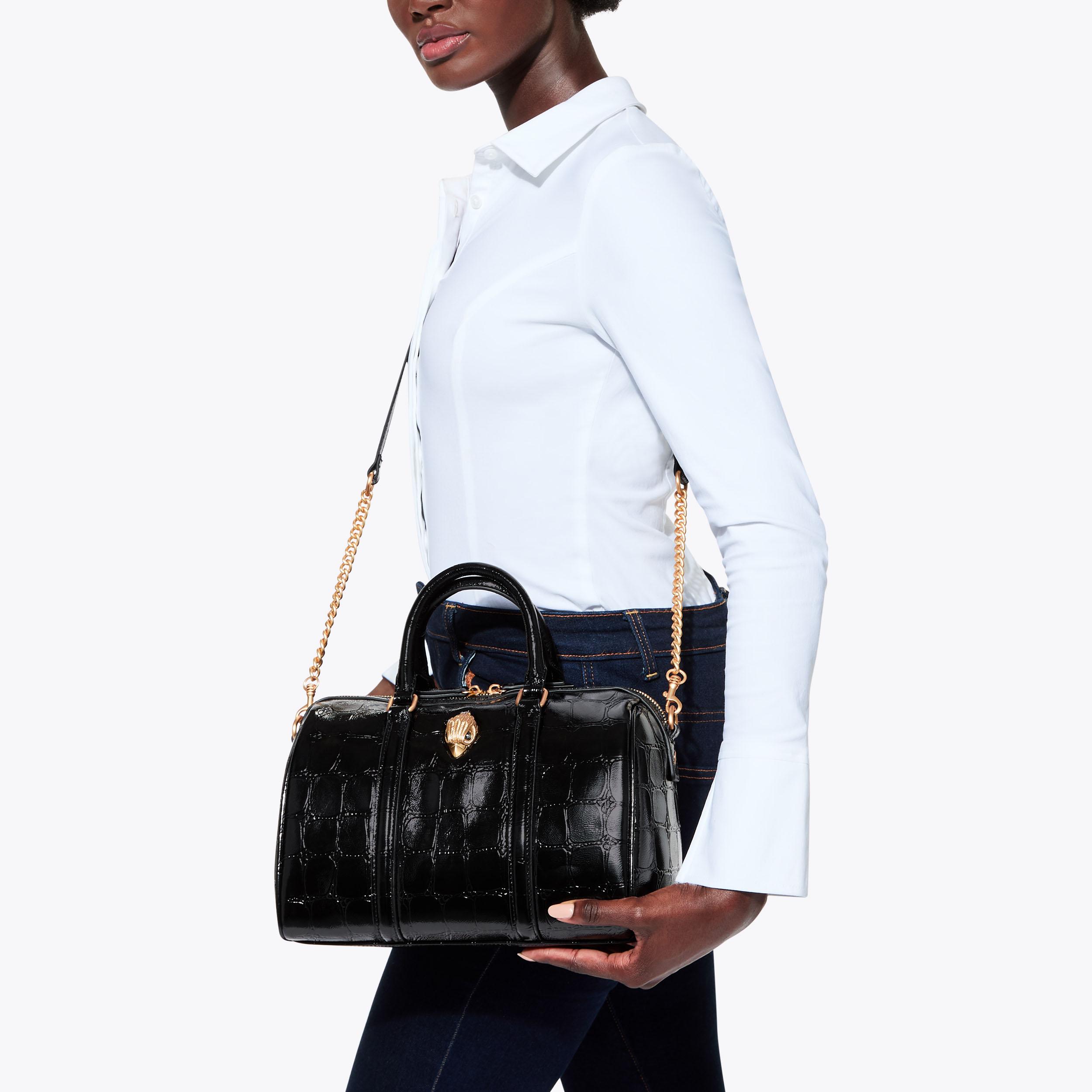 KENSINGTON BOSTON Black Leather Croc Print Boston Bag by KURT GEIGER LONDON