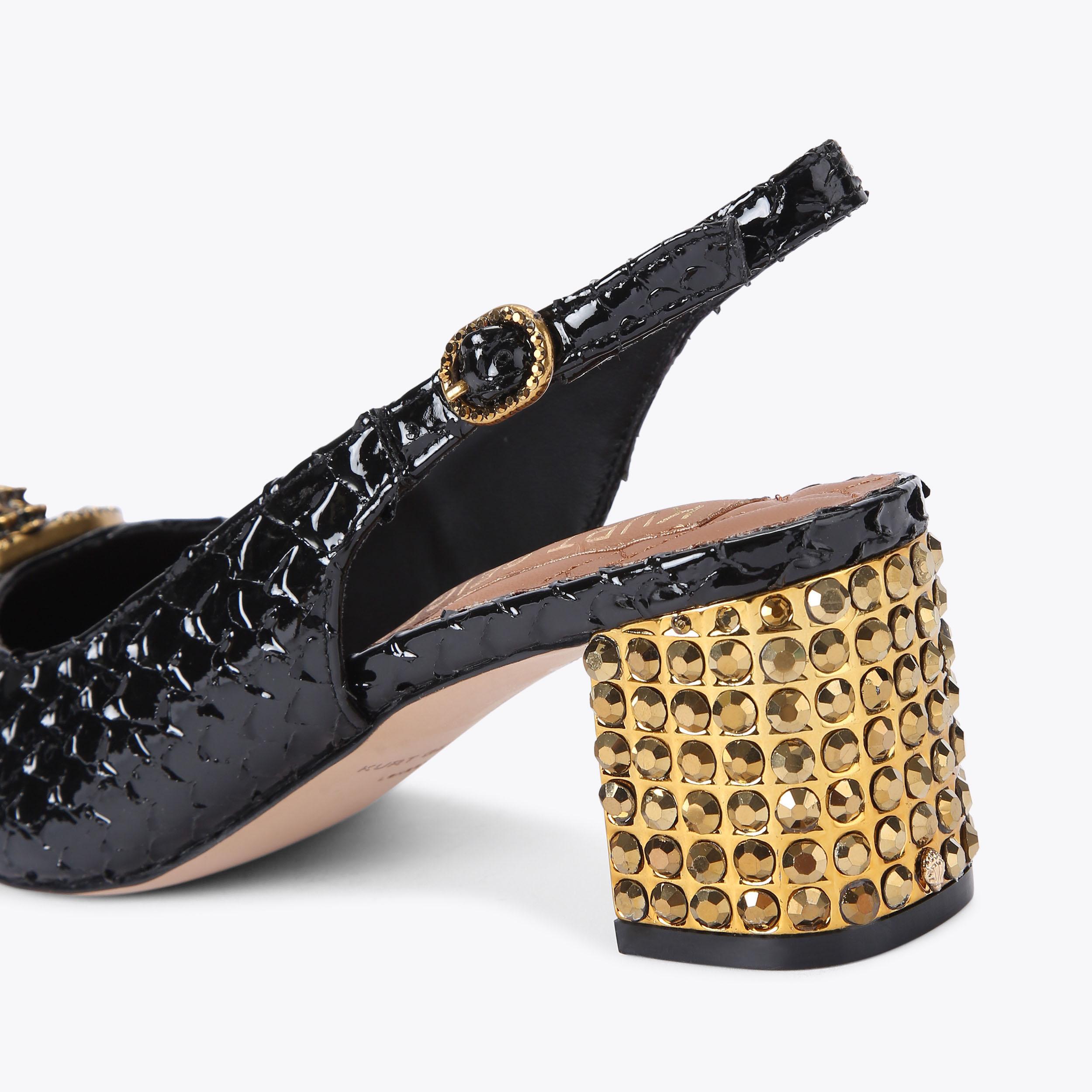 CHELSEA BLOCK SLINGBACK Black Snake Block Heel by KURT GEIGER LONDON