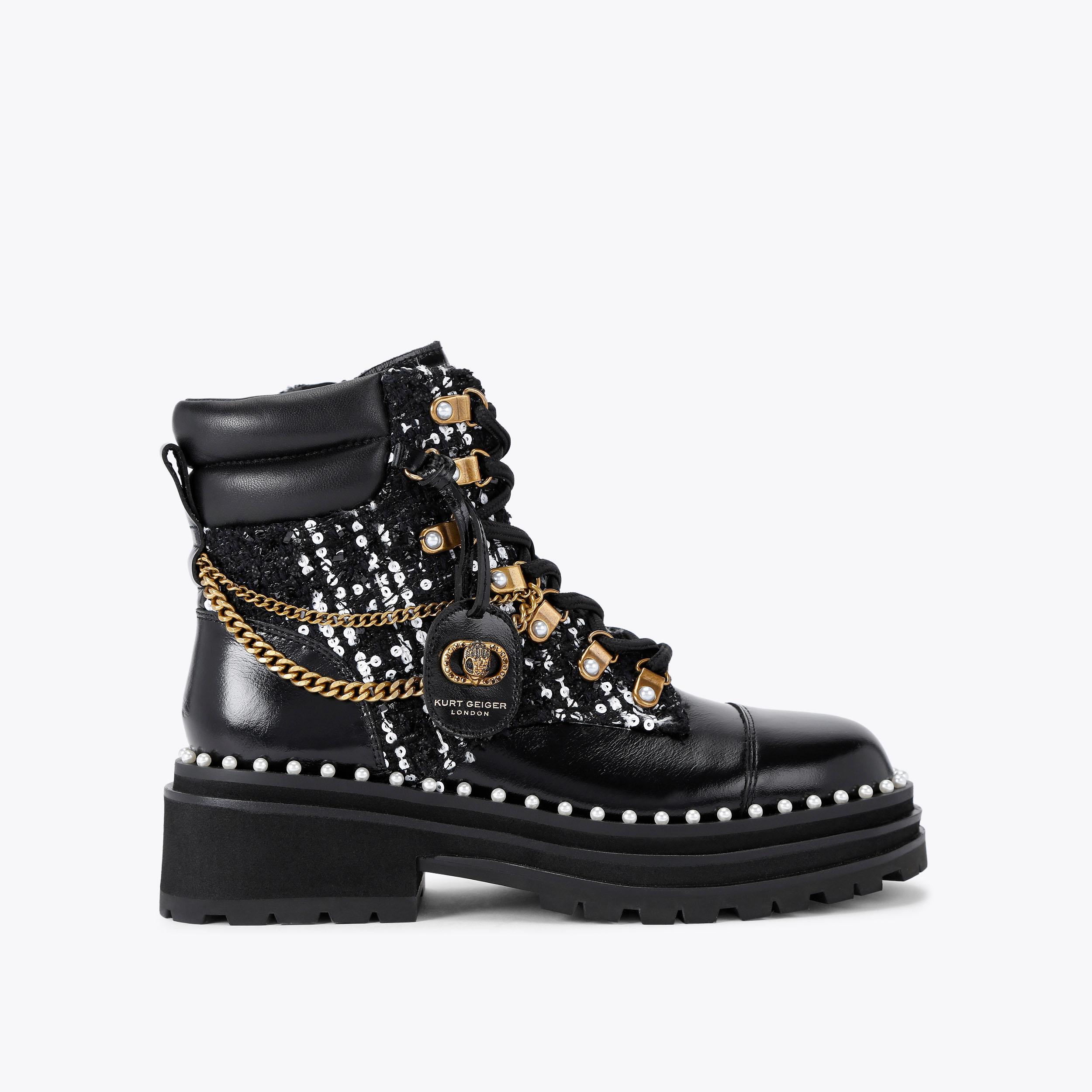 CHELSEA COMBAT BOOT Black Sequin Combat Boot by KURT GEIGER LONDON