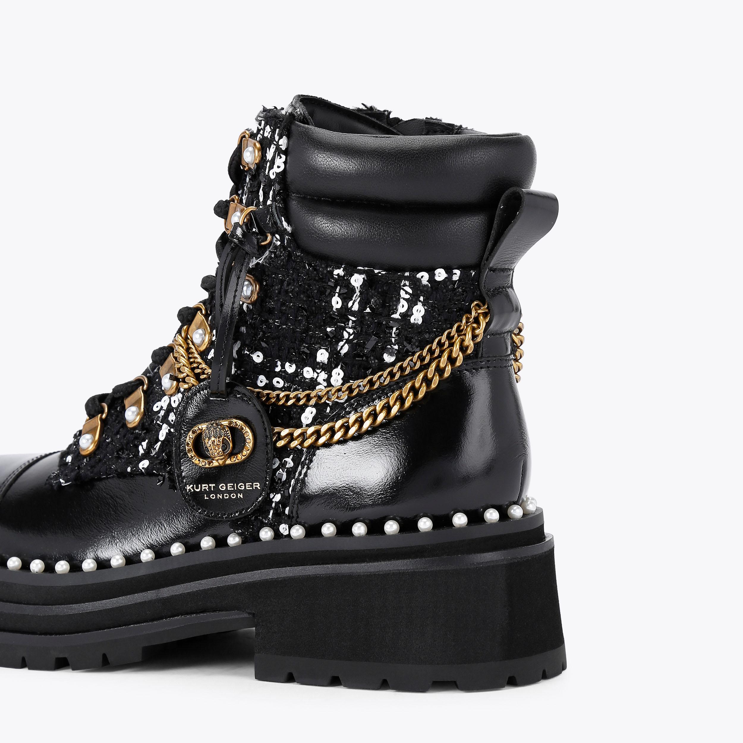 CHELSEA COMBAT BOOT Black Sequin Combat Boot by KURT GEIGER LONDON
