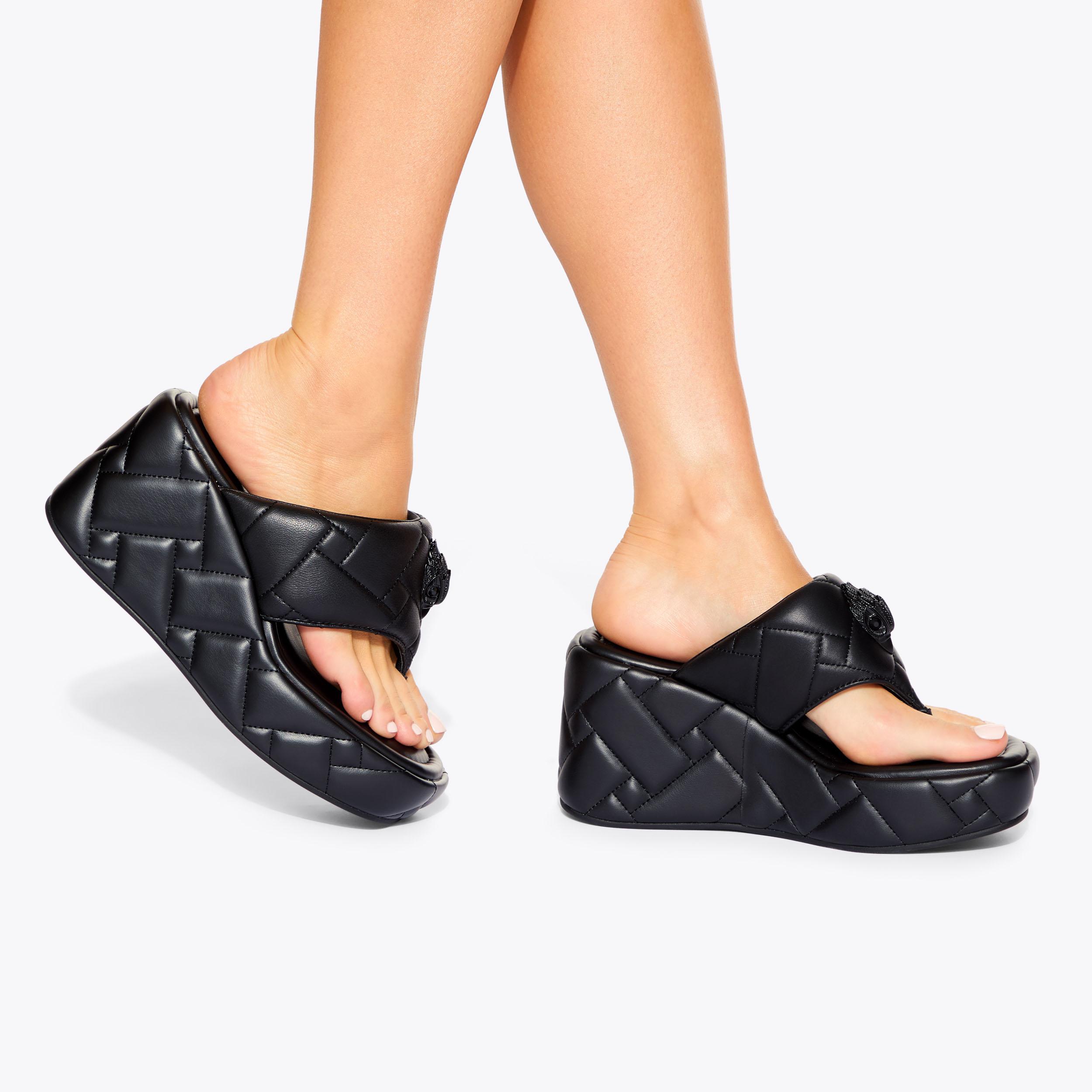 KENSINGTON PUFFTHONG WDG Black Padded T-Bar Wedge Chunky Sandal by KURT ...