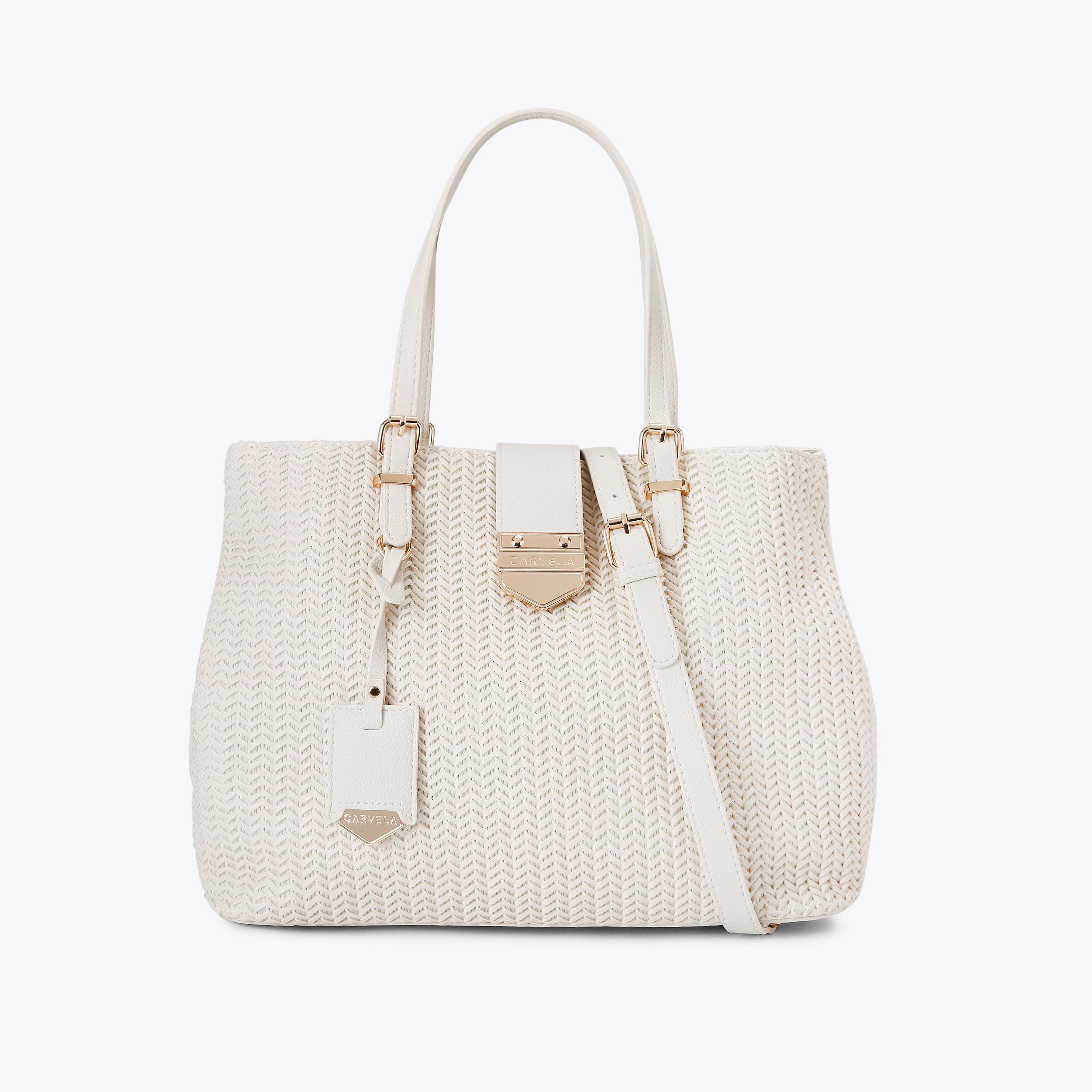 MARIA MIDI WEAVE Woven Bone Tote Bag by CARVELA