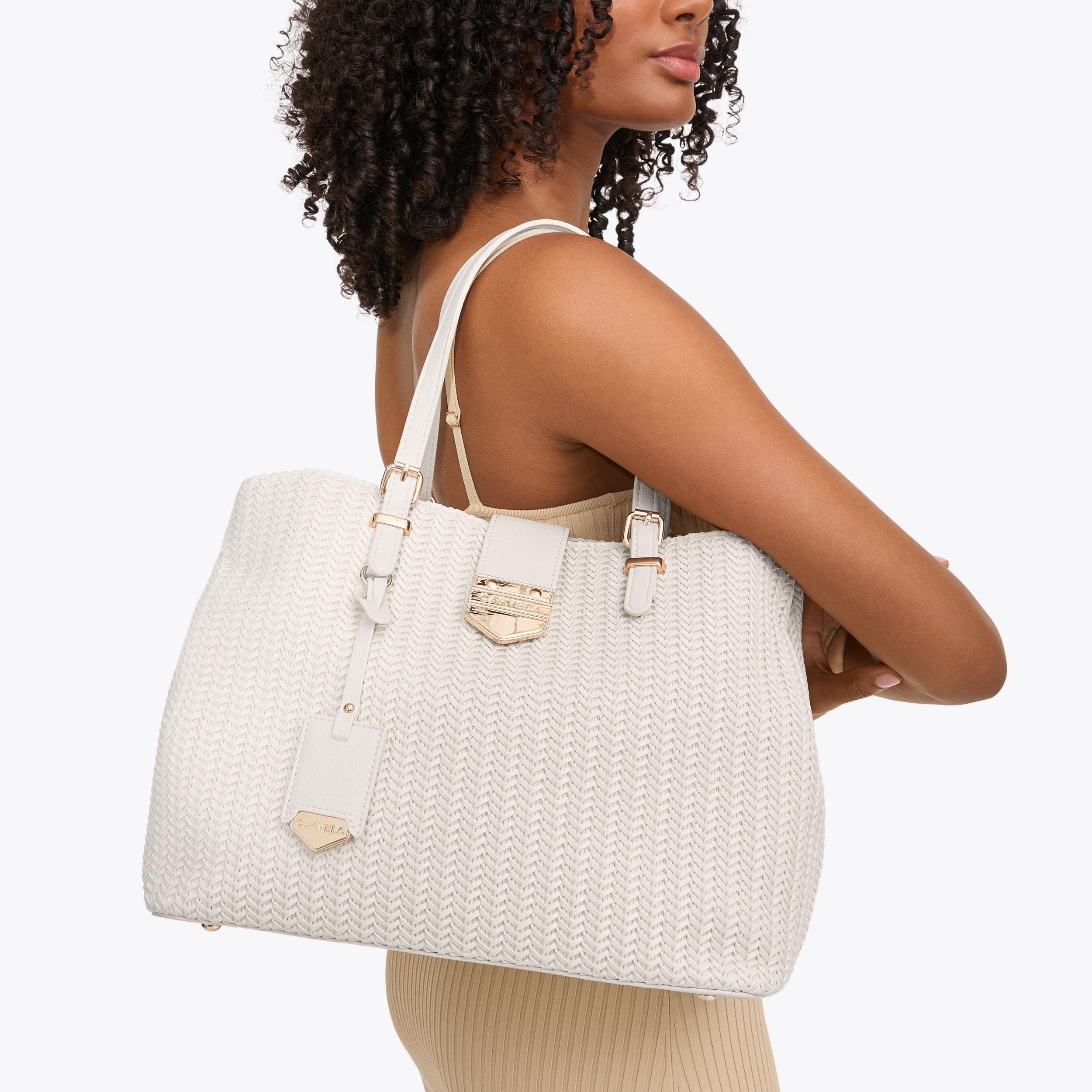 MARIA MIDI WEAVE Woven Bone Tote Bag by CARVELA