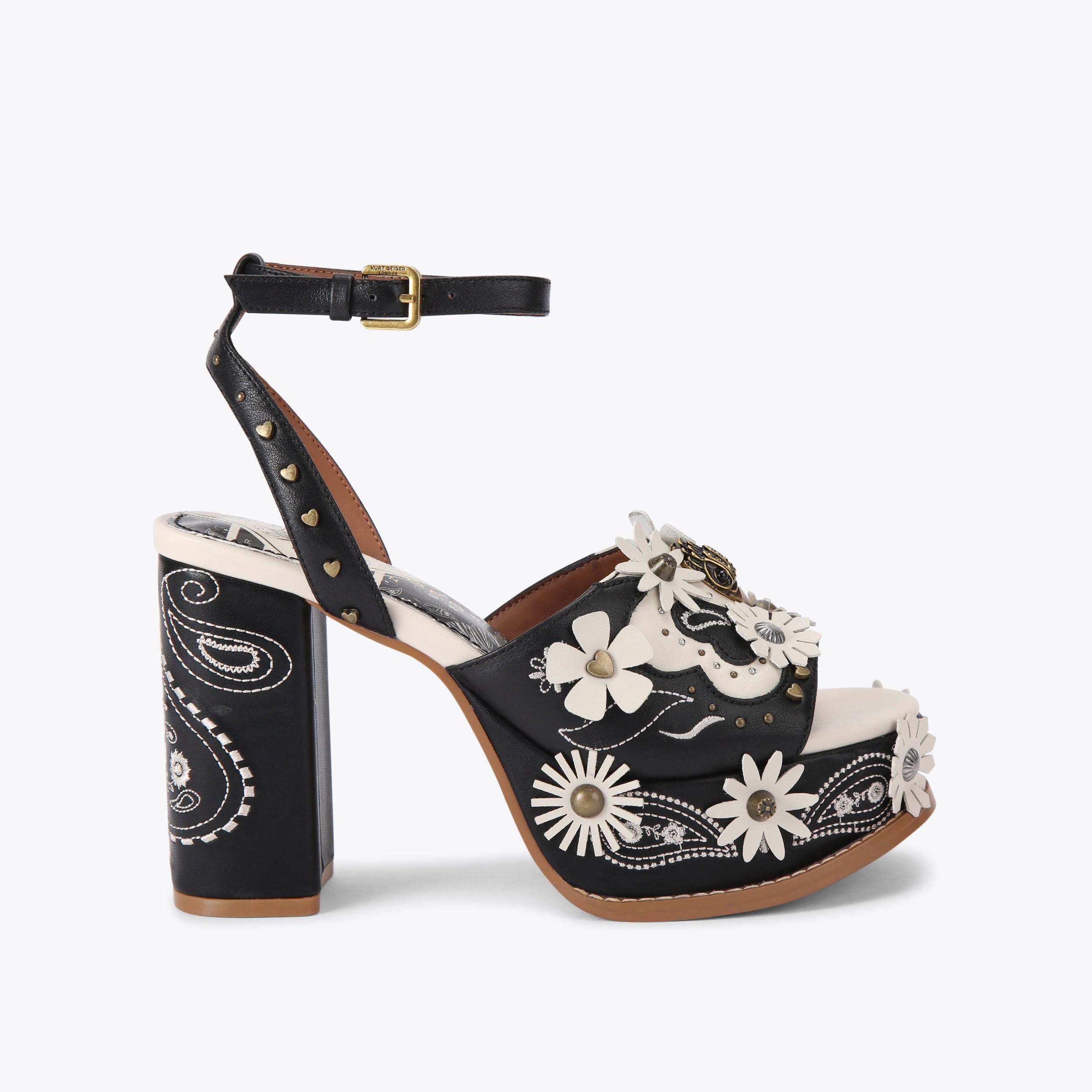 FLOWER WESTERN PLATFORM Black White Embroidered Platform Heel by KURT ...