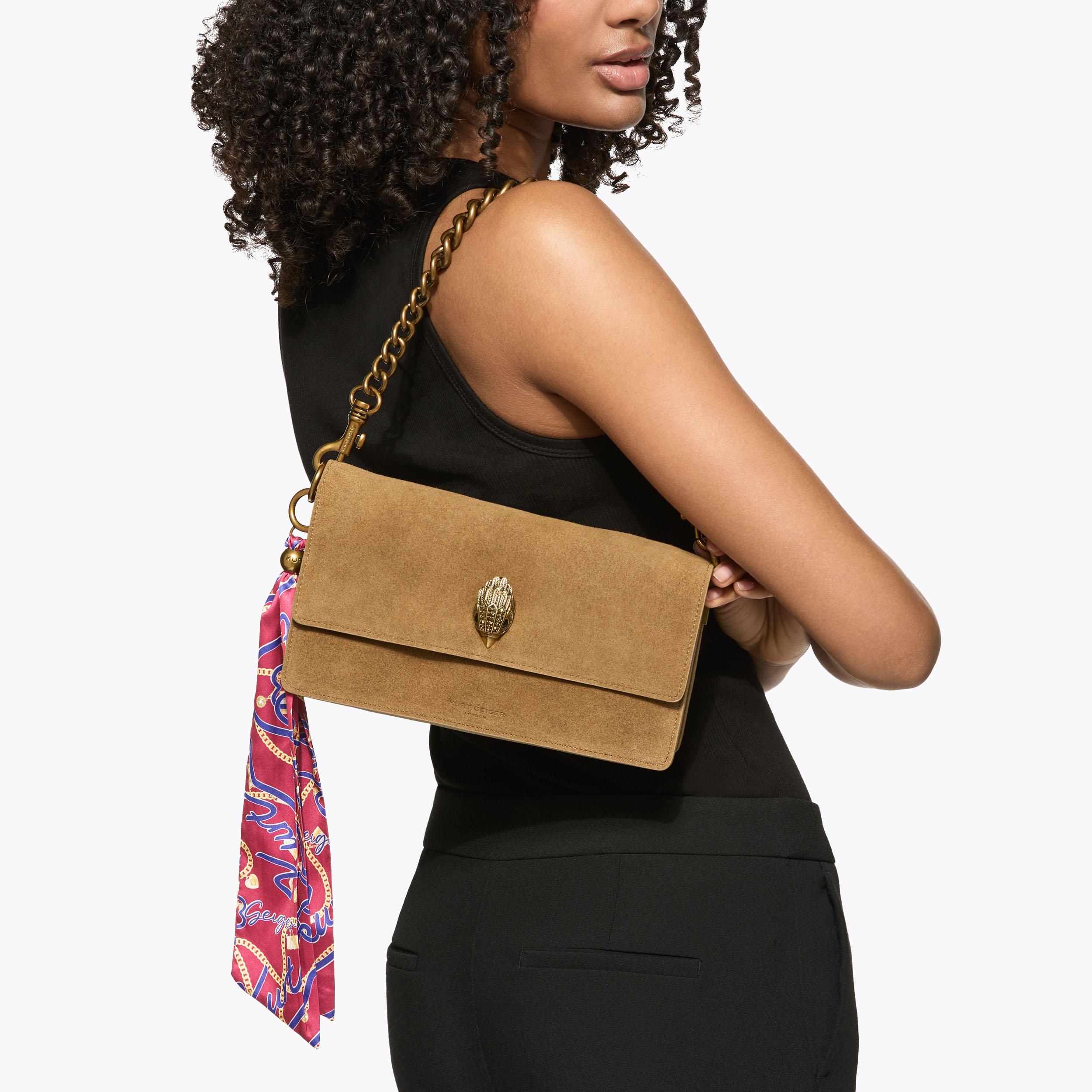 SLOANE SOFT SHOULDER Tan Suede Shoulder Bag by Kurt Geiger London