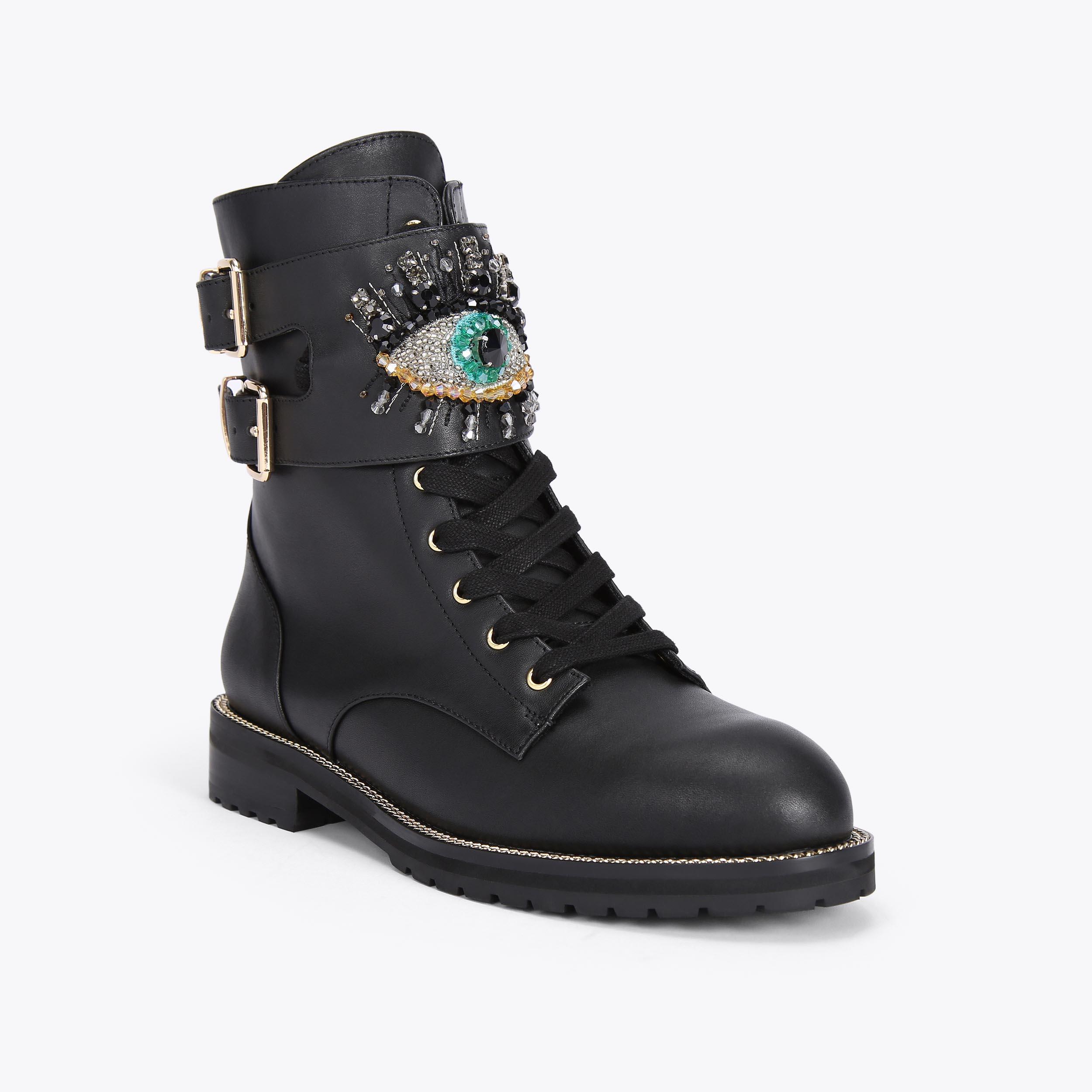 SUTTON EYE Black Leather Eye Motif Lace Up Ankle Biker Boots by KURT ...