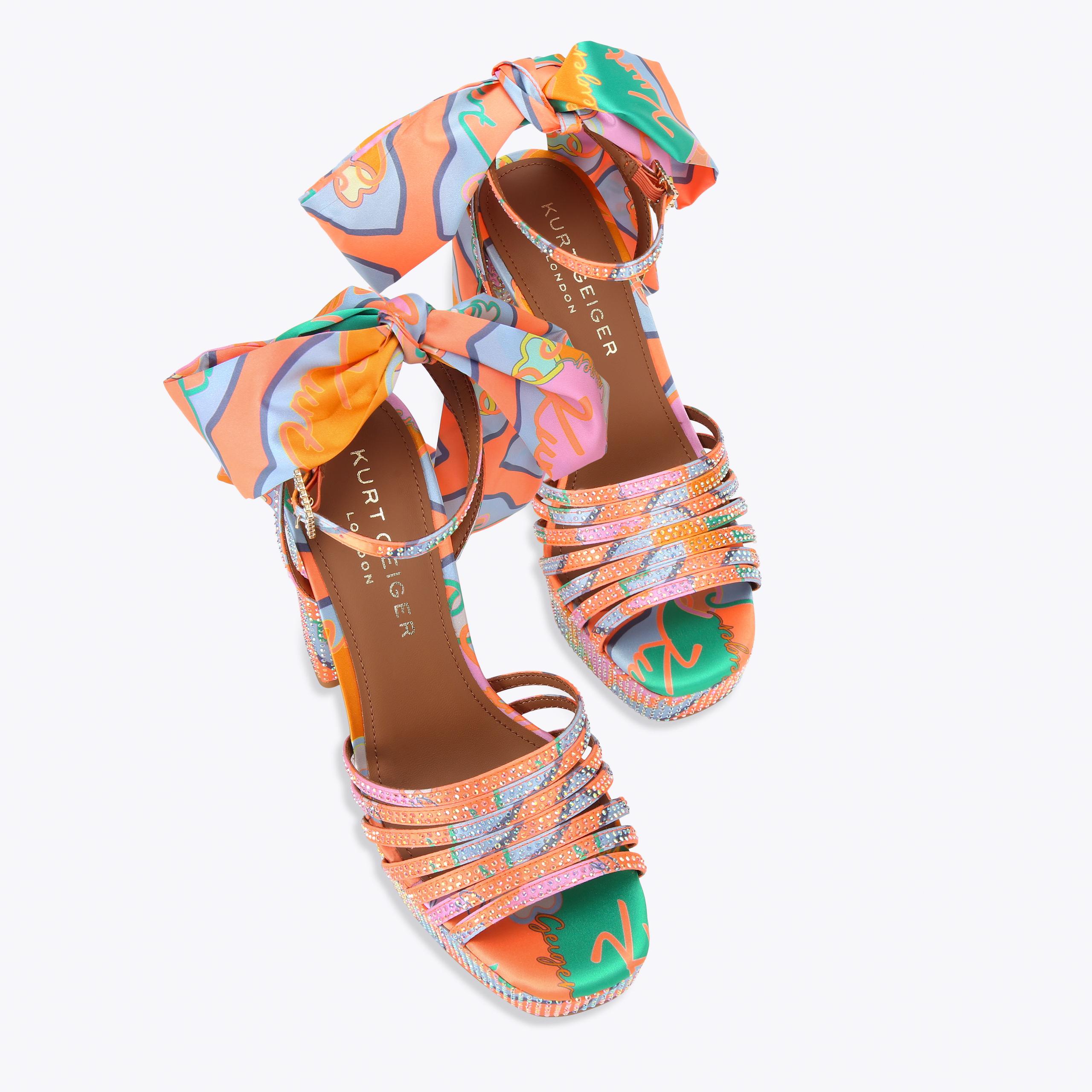 PIERRA ANKLE TIE PLATFORM Printed Satin Wrap Heel by Kurt Geiger London